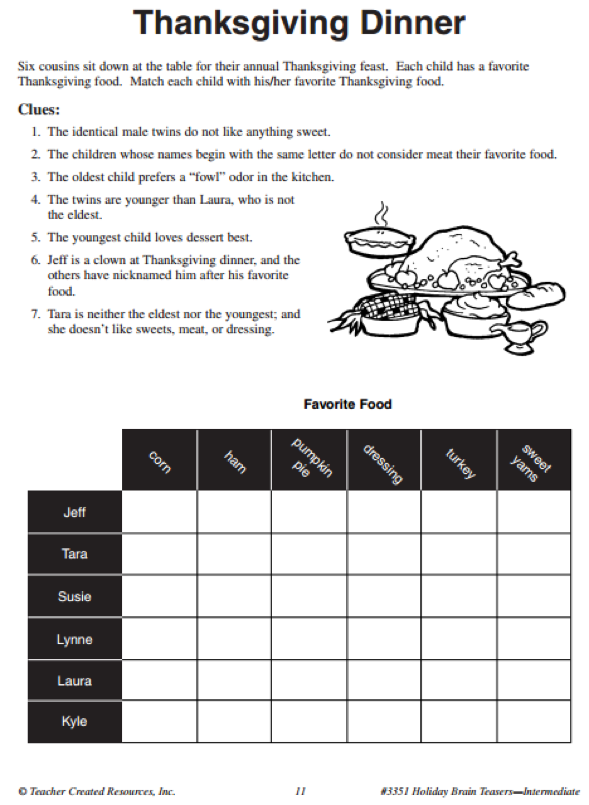Thanksgiving Logic Puzzle Printables Printable Logic Puzzles
